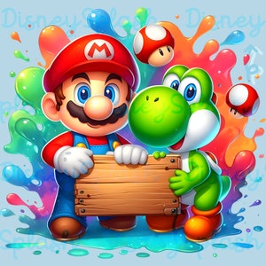 Personalized Mario and Yoshi Sign: Rainbow Watercolor (digital Download ...
