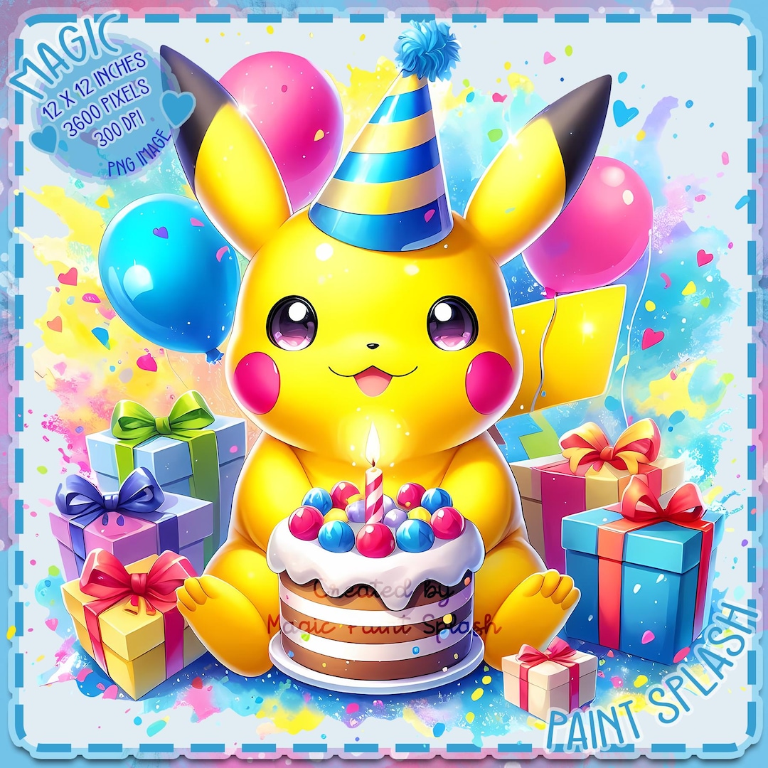 Pikachu Birthday Watercolor Splash PNG: Rainbow Party Image (digital ...