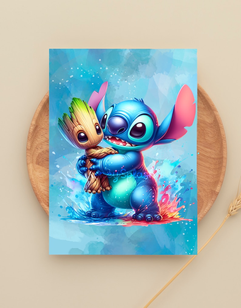 Baby Groot and Stitch Watercolor Splash, Clipart Images, Graphics and ...