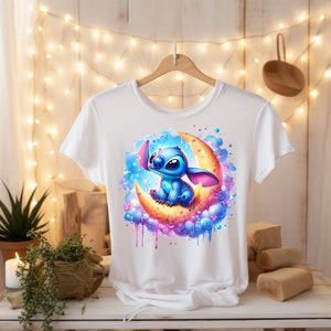 Stitch on Moon Watercolor Clipart: Rainbow PNG Image (digital Download ...