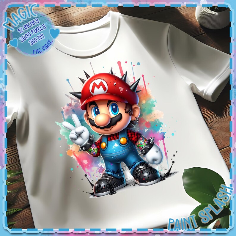 Punk Rock Mario Clipart: Watercolor Splash Gaming Image (PNG Digital ...