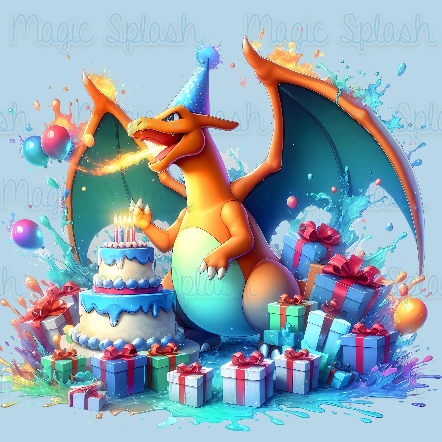 Charizard Birthday Party PNG: Watercolor Splash Art (digital Download ...