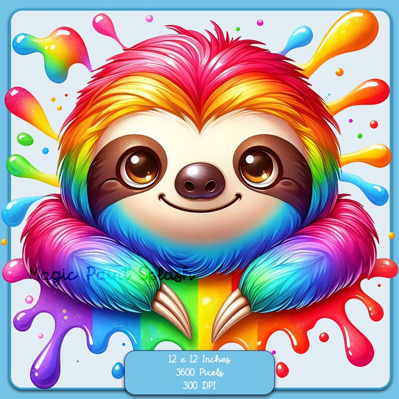 Rainbow Sloth Watercolor Splash PNG: Clipart Image (digital Download ...