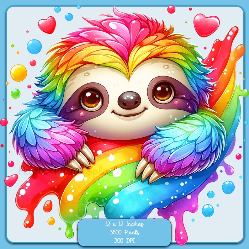 Rainbow Sloth Watercolor Splash PNG: Animal Clipart (digital Download ...
