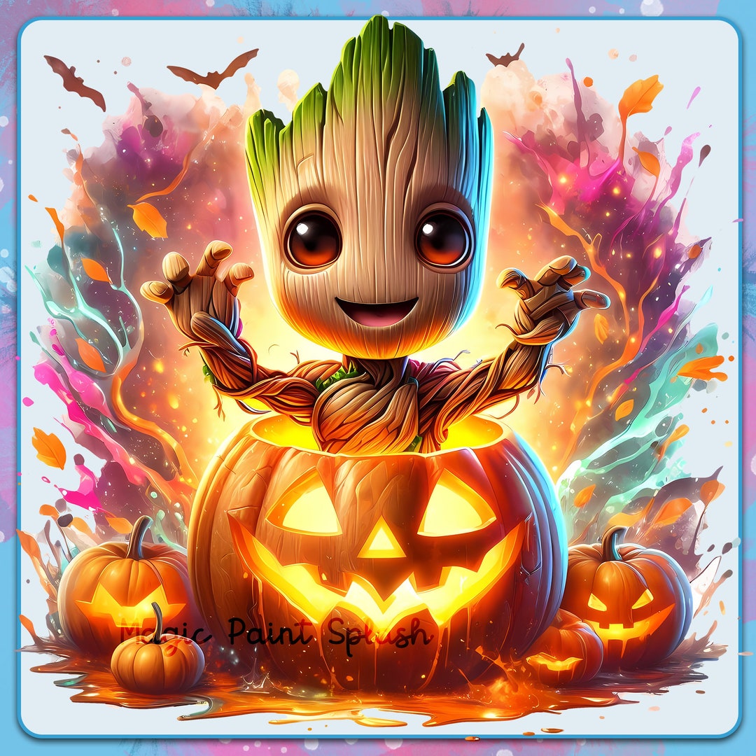 Halloween Groot Pumpkin Watercolor Splash, Clipart Images, Graphics and ...