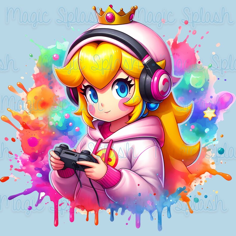 Princess Peach Gamer Clipart: Watercolor Splash PNG (digital Download ...