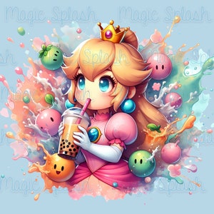 Princess Peach Boba Tea Clipart: Rainbow Watercolor Splash (digital ...