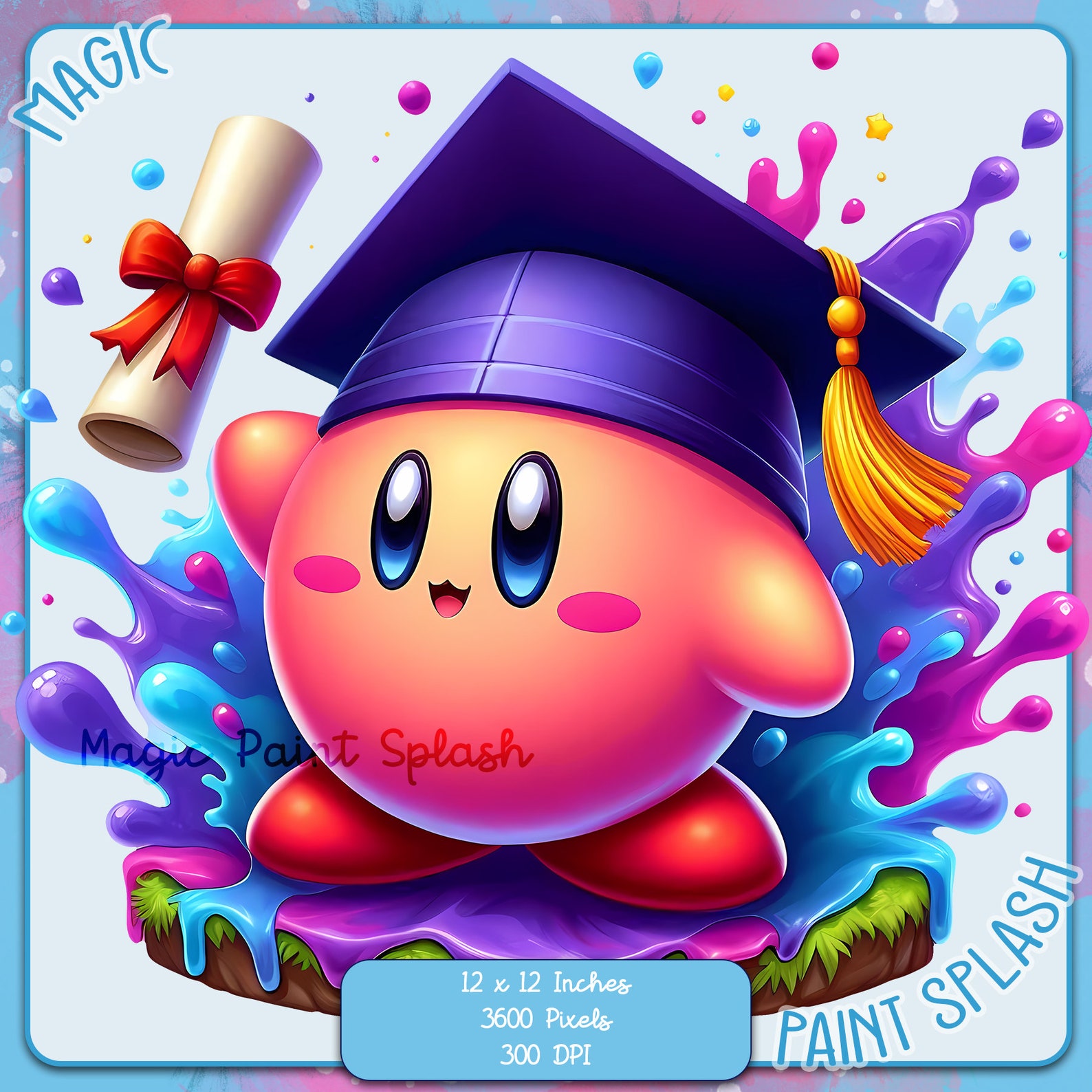 Kirby Graduation Clipart: Rainbow Watercolor Splash (PNG Digital ...