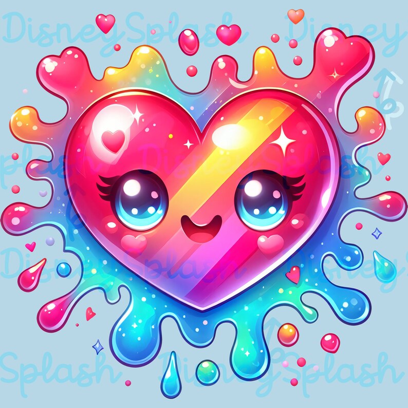 Kawaii Heart Watercolor Splash Clipart: Rainbow Valentine PNG (digital ...