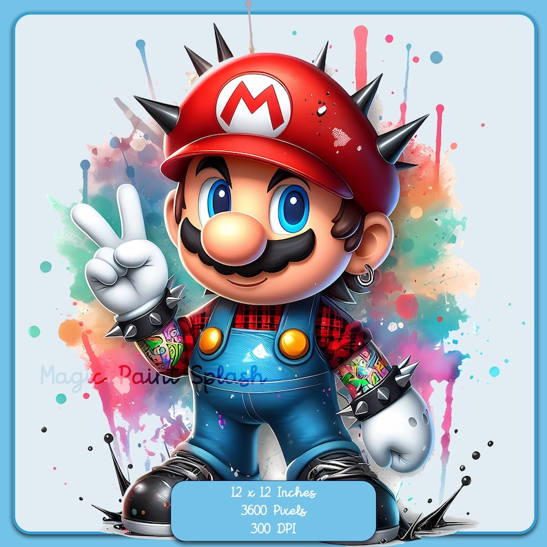 Punk Rock Mario Clipart: Watercolor Splash Gaming Image (PNG Digital ...