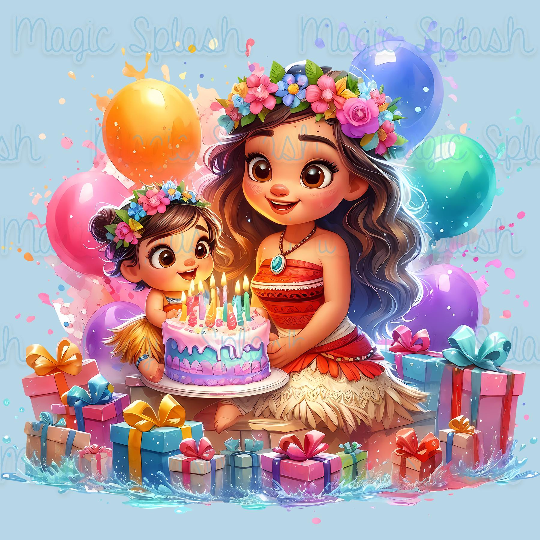 Moana and Simea Birthday Watercolor Clipart: Rainbow Princess PNG ...