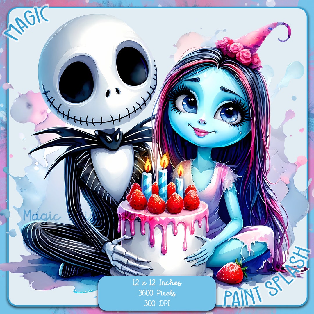 Cute Jack and Sally Birthday Watercolor Splash, Clipart Images ...
