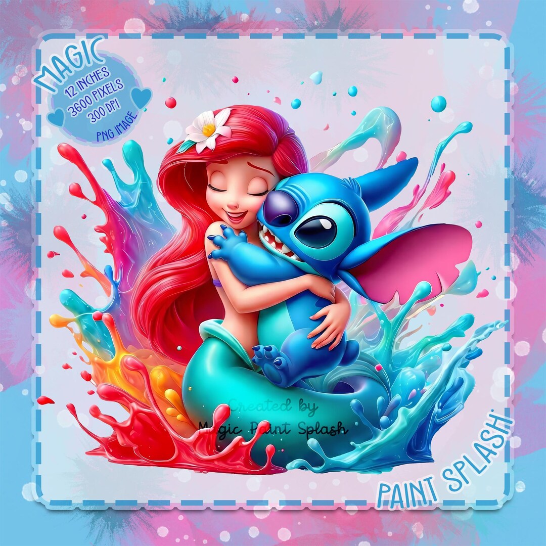 Ariel and Stitch Hug Clipart: Watercolor Splash PNG (digital Download ...