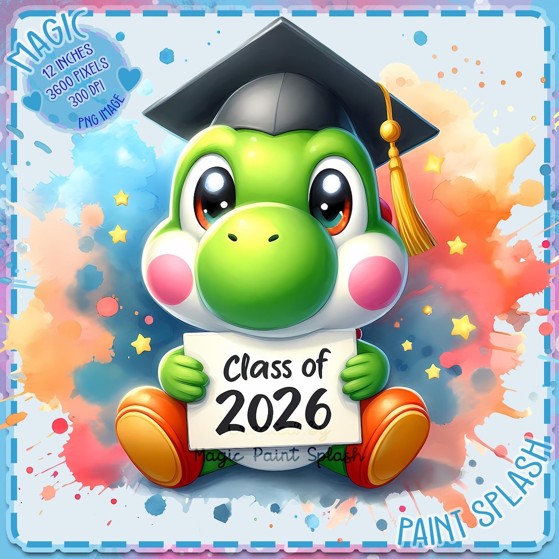 Baby Yoshi 2026 Graduation PNG: Watercolor Splash Clipart (digital ...