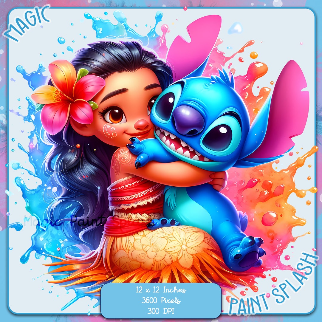 Moana and Stitch Watercolor Splash, Clipart Images, Graphics and Artwork, Rainbow Aesthetic, PNG ...