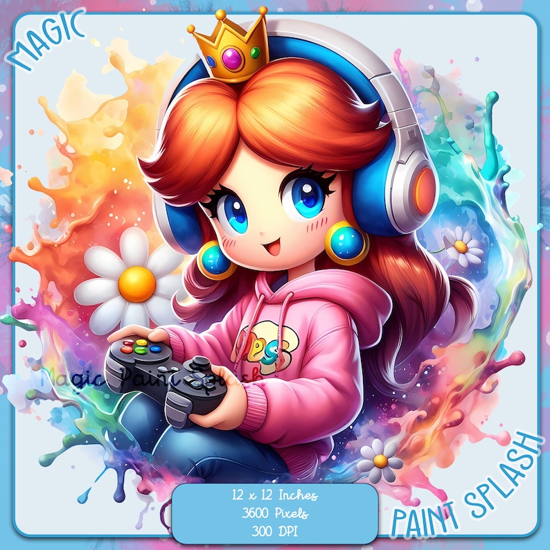 Princess Daisy Gamer Clipart: Watercolor Rainbow Splash (PNG Digital ...