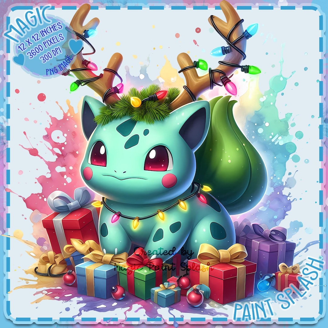 Christmas Bulbasaur Watercolor Splash, Clipart Images, Graphics and ...