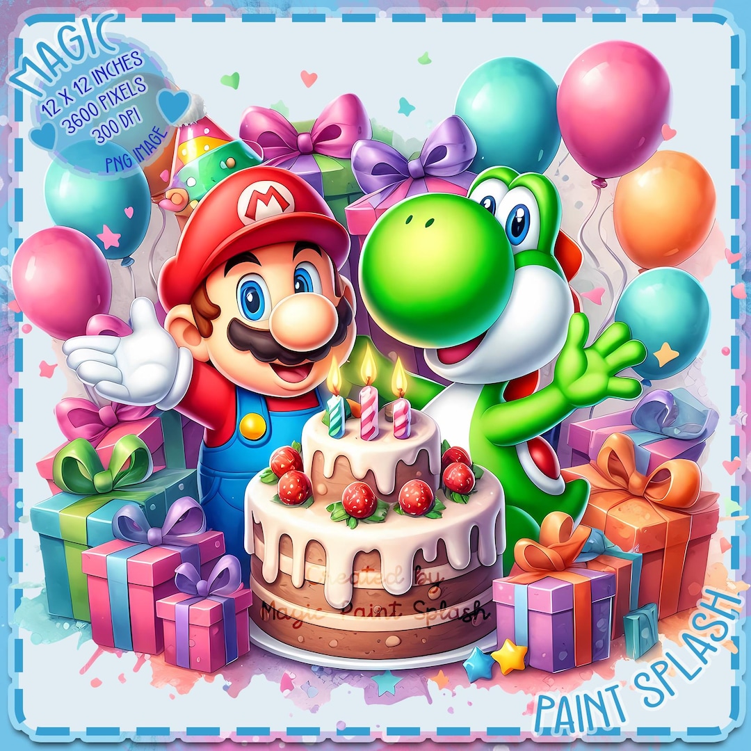 Mario and Yoshi Birthday Watercolor Splash, Clipart Images, Graphics ...