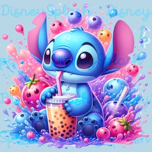 Stitch Drinking Boba Clipart: Rainbow Watercolor Splash (PNG) - Etsy