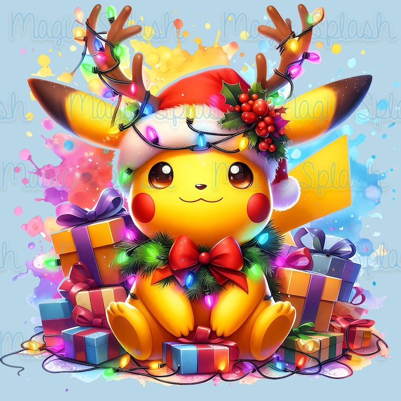 Christmas Pikachu Watercolor Splash PNG: Holiday Clipart (digital ...