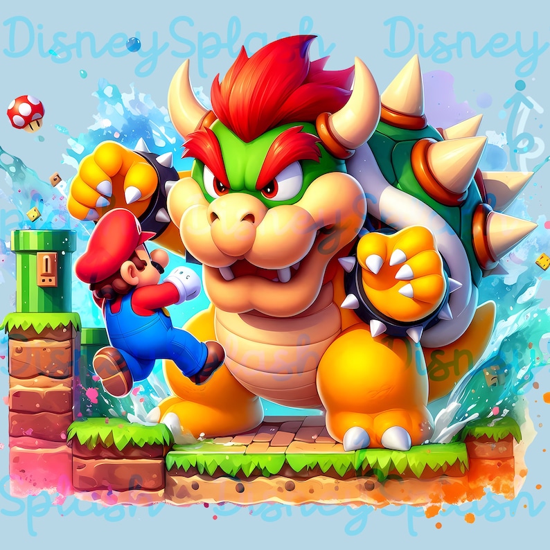 Mario Vs Bowser Clipart: Watercolor Gaming PNG Image (digital Download ...