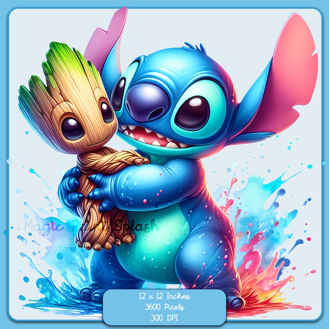 Baby Groot and Stitch Watercolor Splash, Clipart Images, Graphics and ...