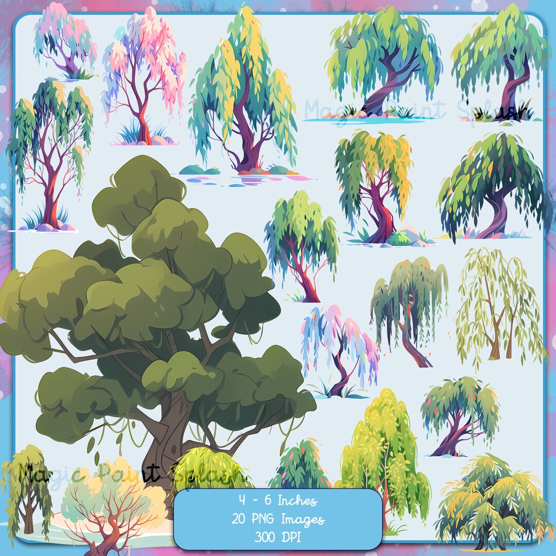 Stylized Willow Trees Clipart Set: Transparent PNG Images (digital ...
