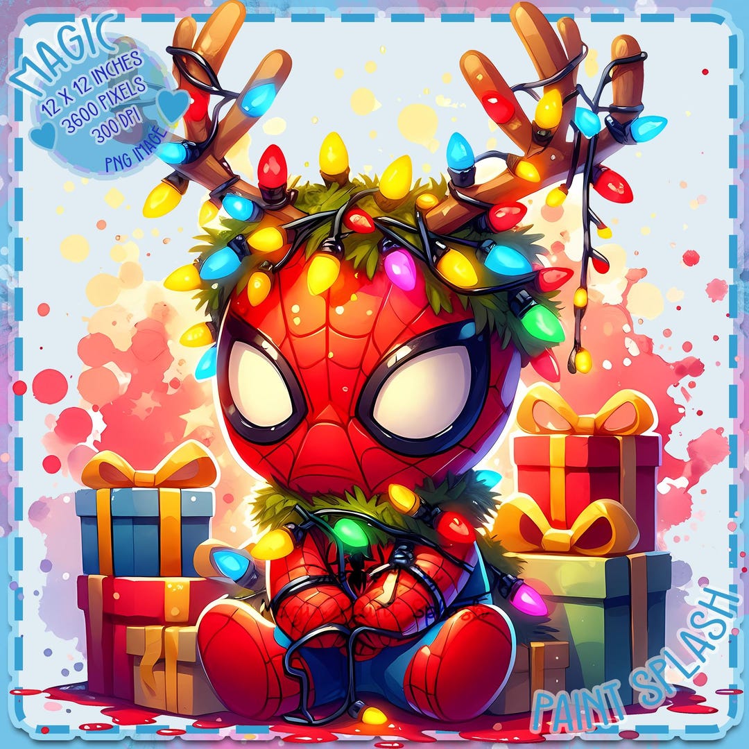 Spidey Christmas Lights Clipart: Watercolor Superhero PNG (digital ...