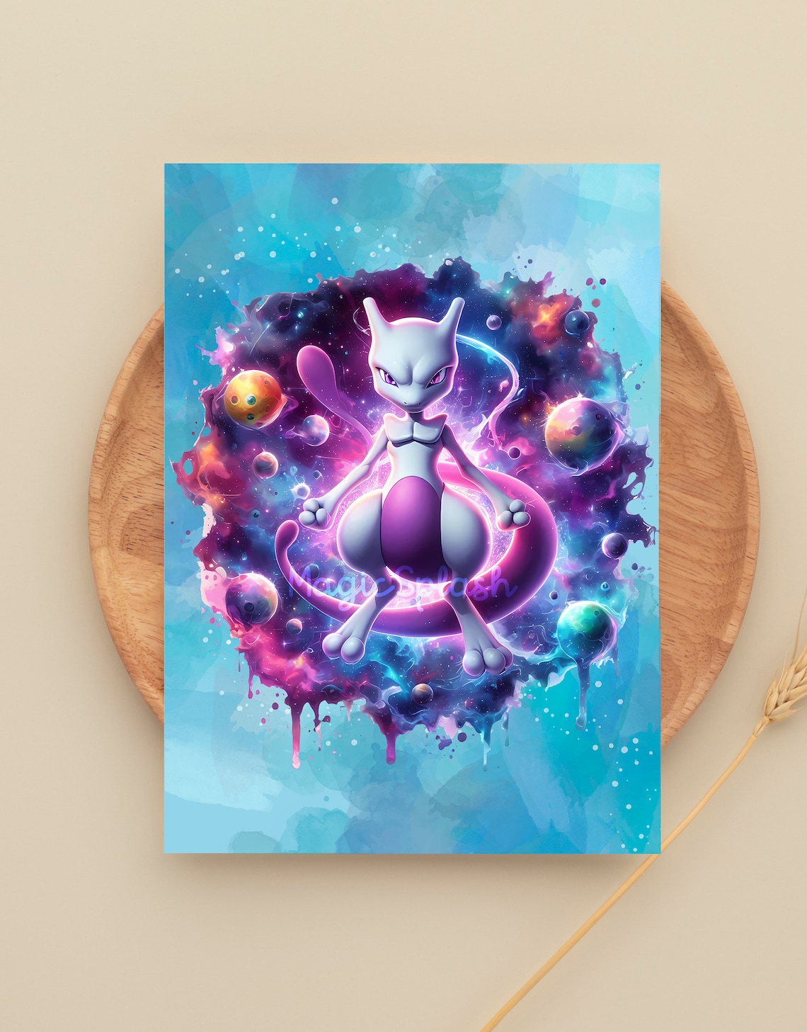 Mewtwo in Space Watercolor Splash PNG, Rainbow Monster Art (digital ...