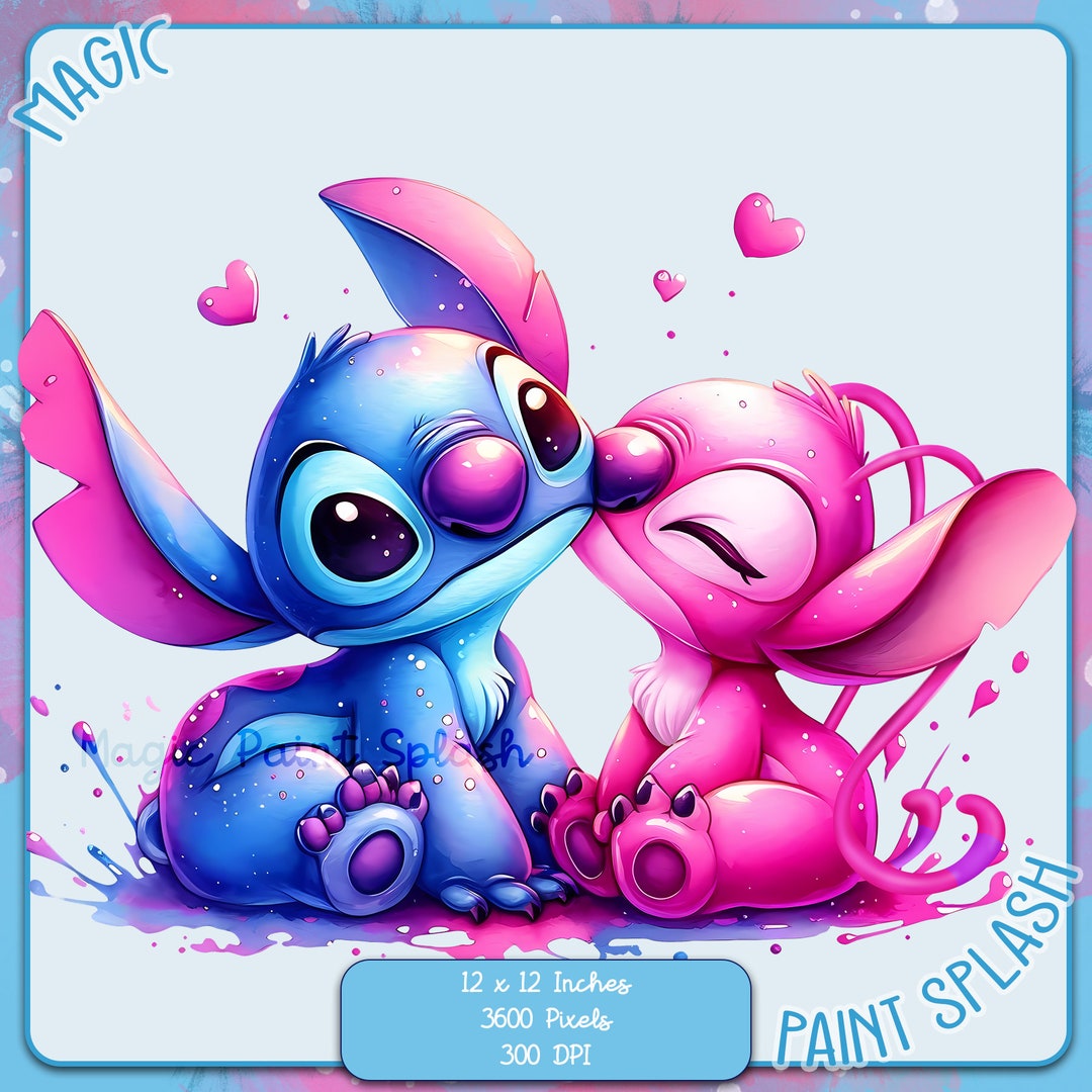 Stitch and Angel Kiss Watercolor PNG, Clipart Images, Rainbow Aesthetic ...