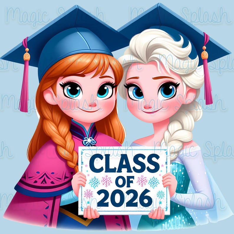 Anna and Elsa 2026 Graduation Watercolor Clipart: Rainbow Frozen PNG ...