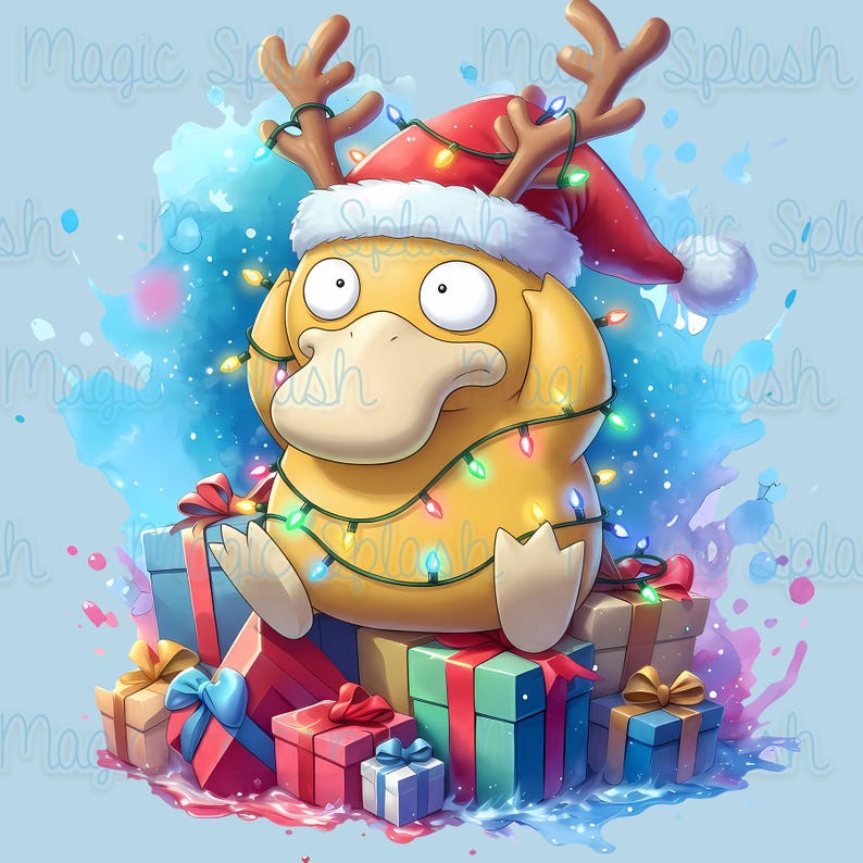 Psyduck Christmas Watercolor PNG: Rainbow Holiday Clipart (digital ...