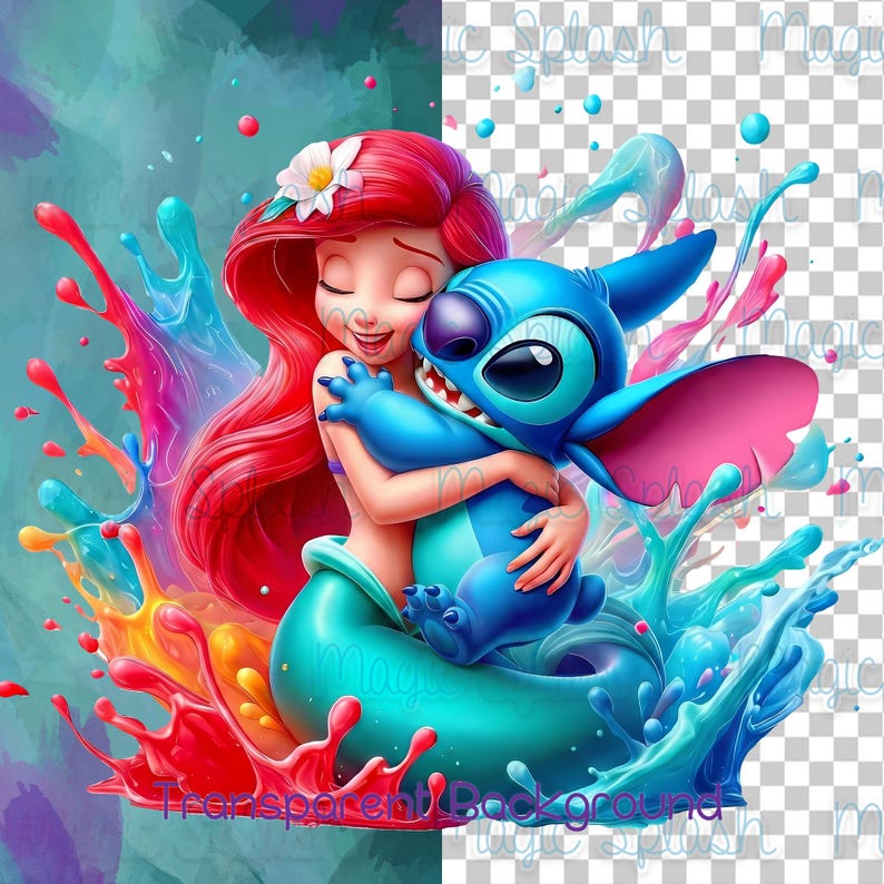 Ariel and Stitch Hug Clipart: Watercolor Splash PNG (digital Download ...