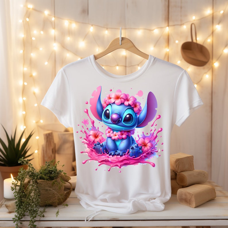 Stitch Floral W/ Pink Lei Watercolor Splash, Clipart Images, Graphics ...