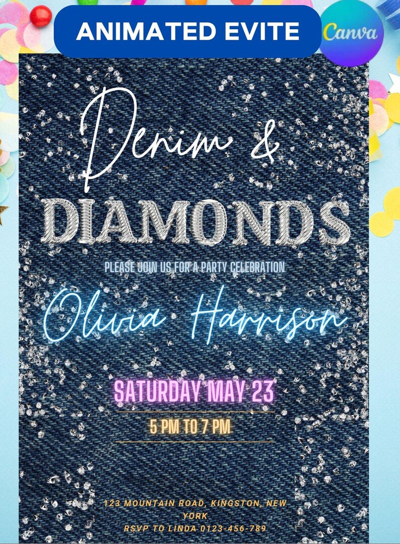 Digital Denim & Diamonds Invitation, Animated Birthday Dinner Party ...