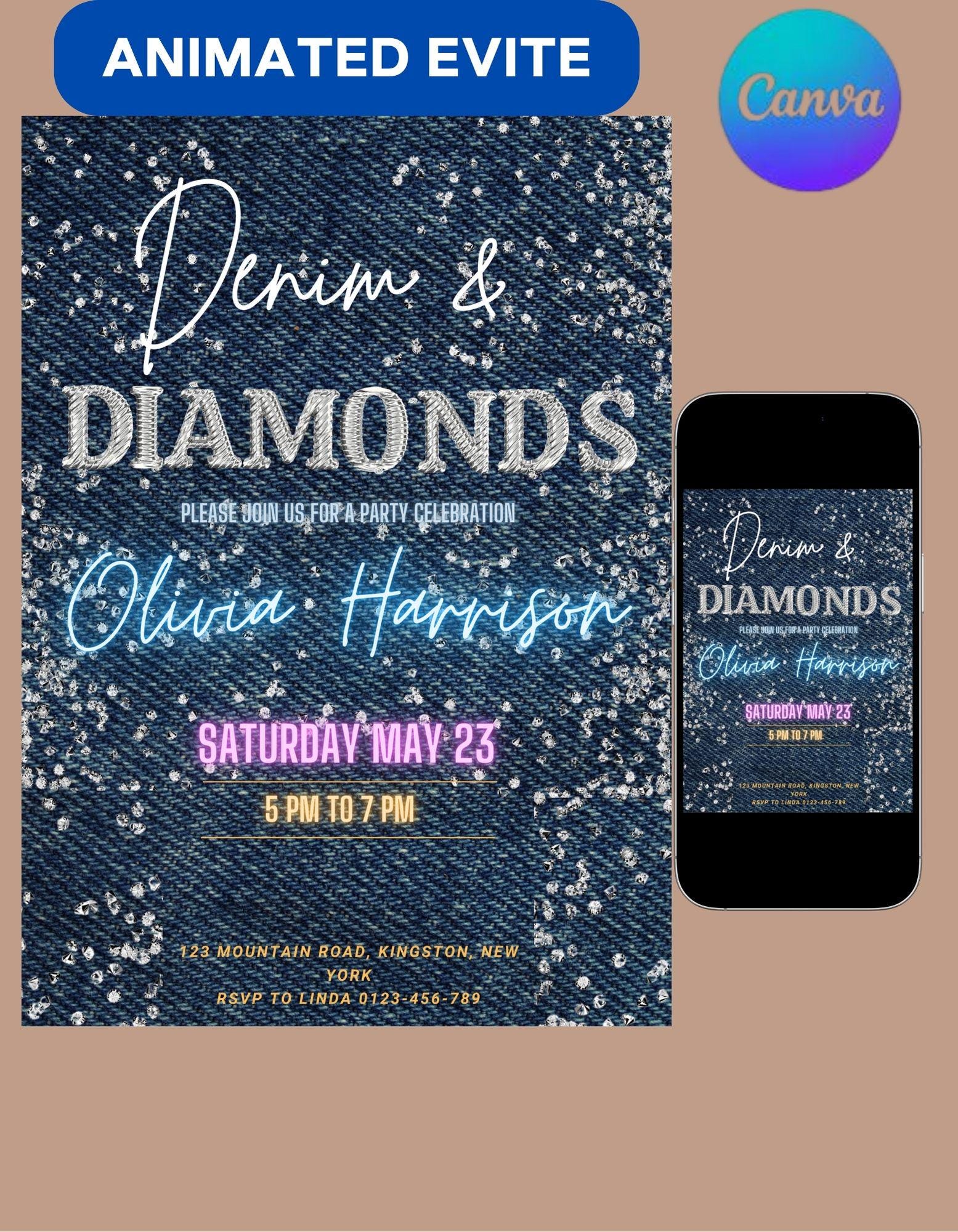 Digital Denim & Diamonds Invitation, Animated Birthday Dinner Party ...