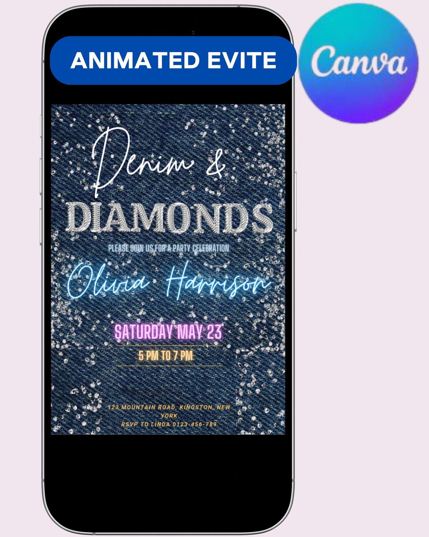 Digital Denim & Diamonds Invitation, Animated Birthday Dinner Party ...