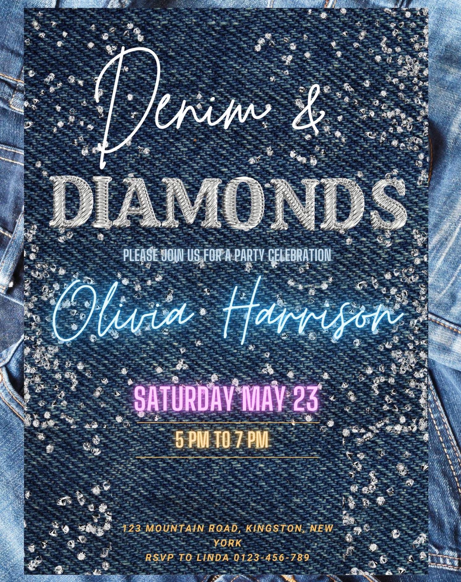 Digital Denim & Diamonds Invitation, Animated Birthday Dinner Party ...