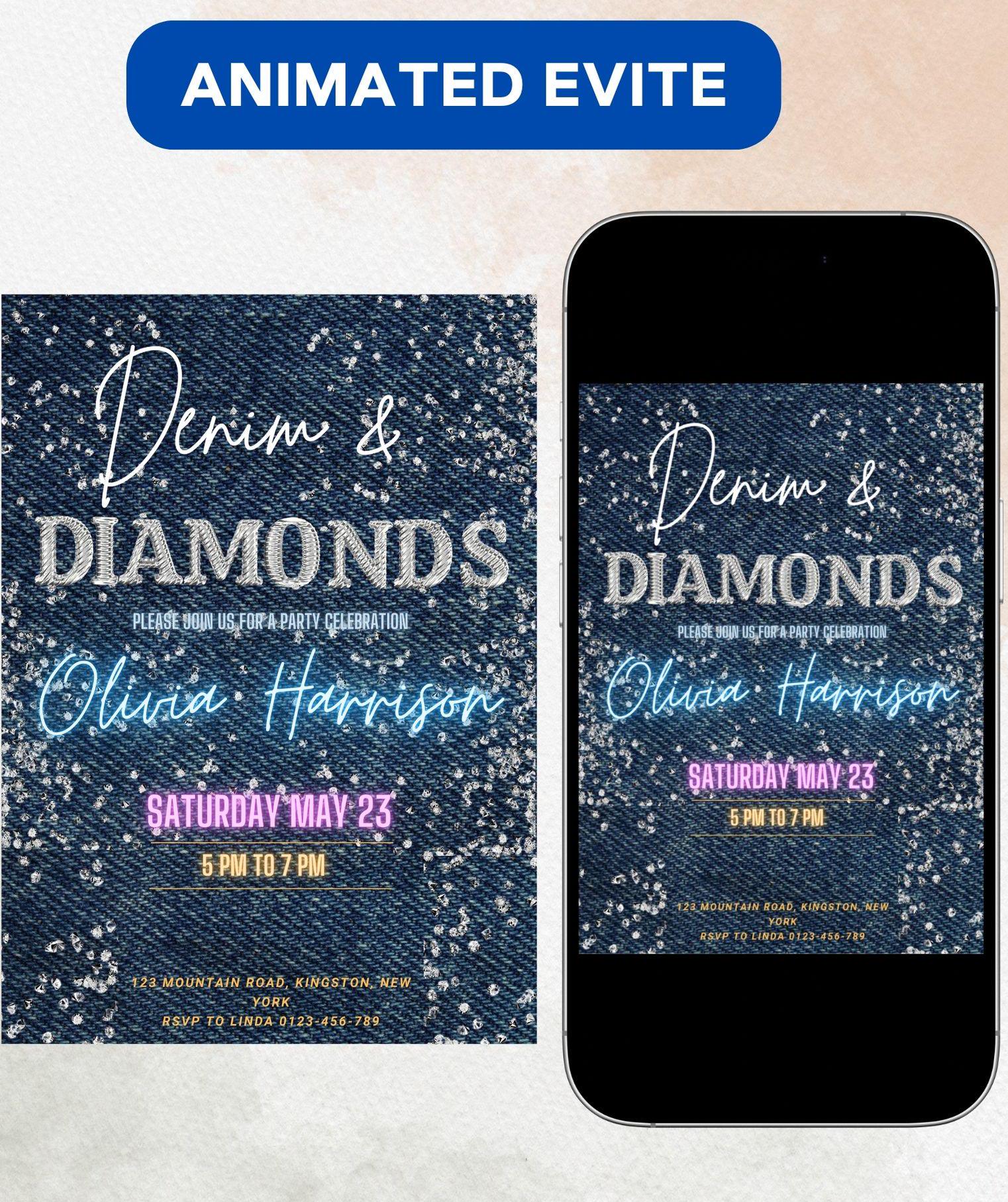 Digital Denim & Diamonds Invitation, Animated Birthday Dinner Party ...