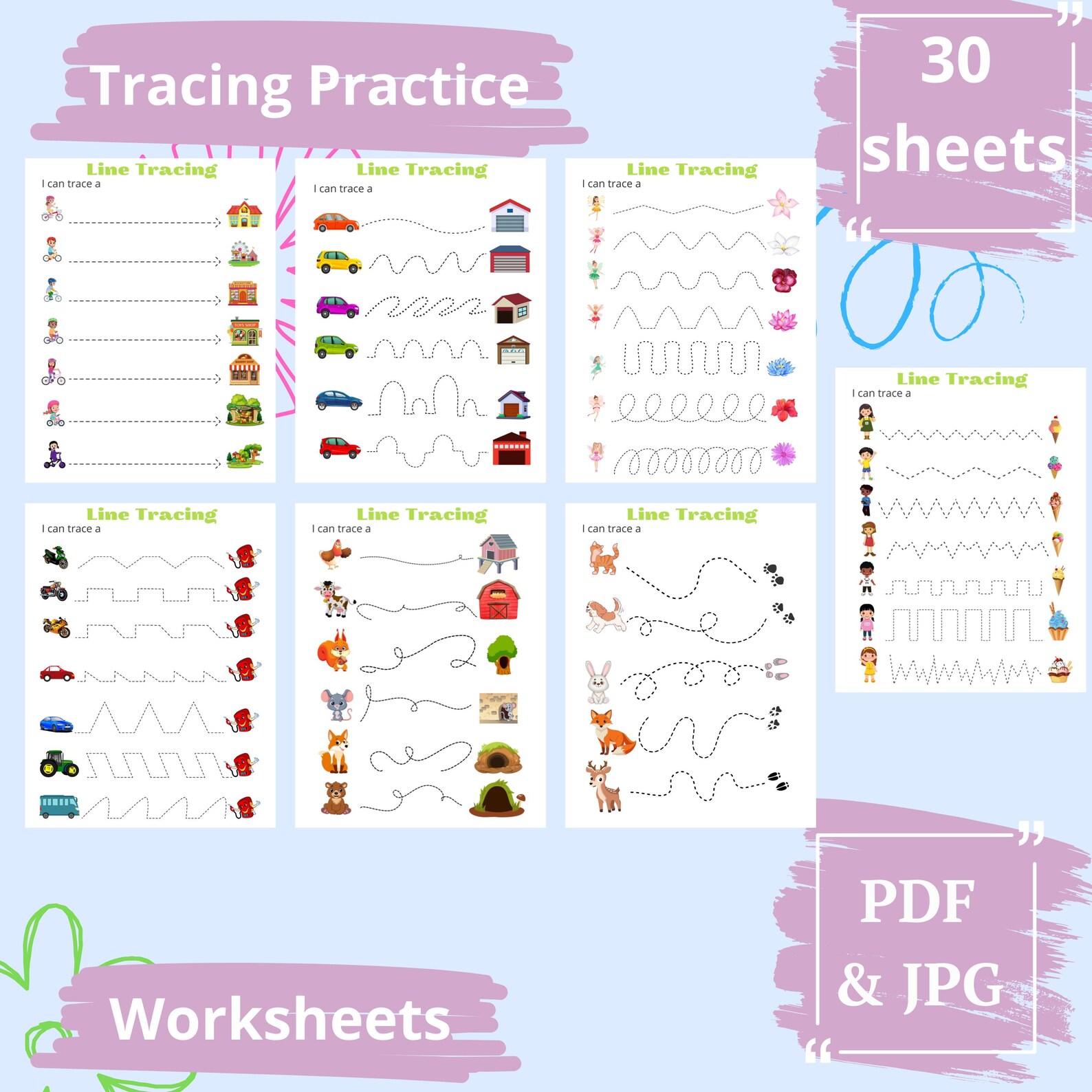 Line Tracing Worksheets: Pre-writing Practice (PDF & JPG) - Etsy