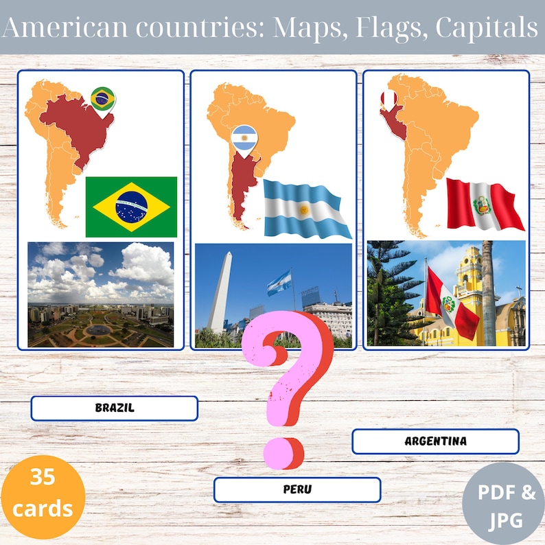 Countries of America Flashcards: Maps, Flags, Capitals (printable) - Etsy