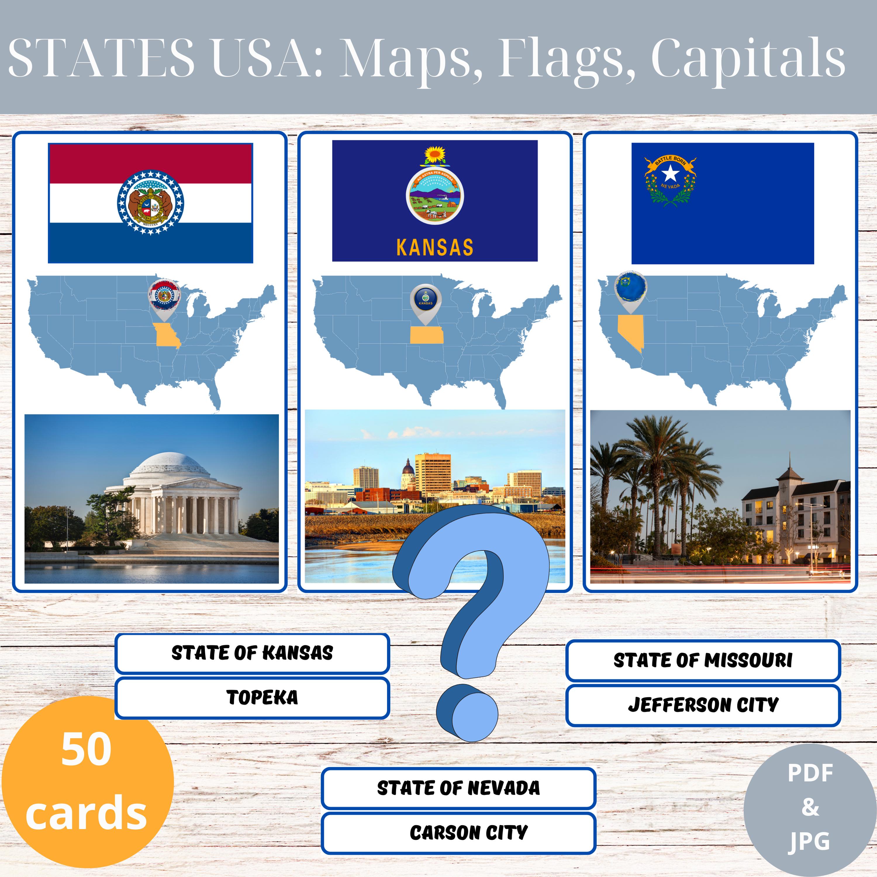 USA Flash Cards With Maps, Flags, Capitals | Fun Learning Tool for Kids ...