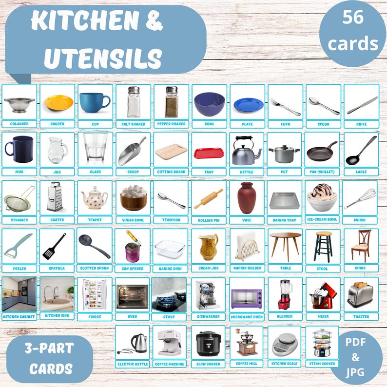 Kitchen Utensils Flashcards: Educational Cards for Kids (PDF & JPG) - Etsy