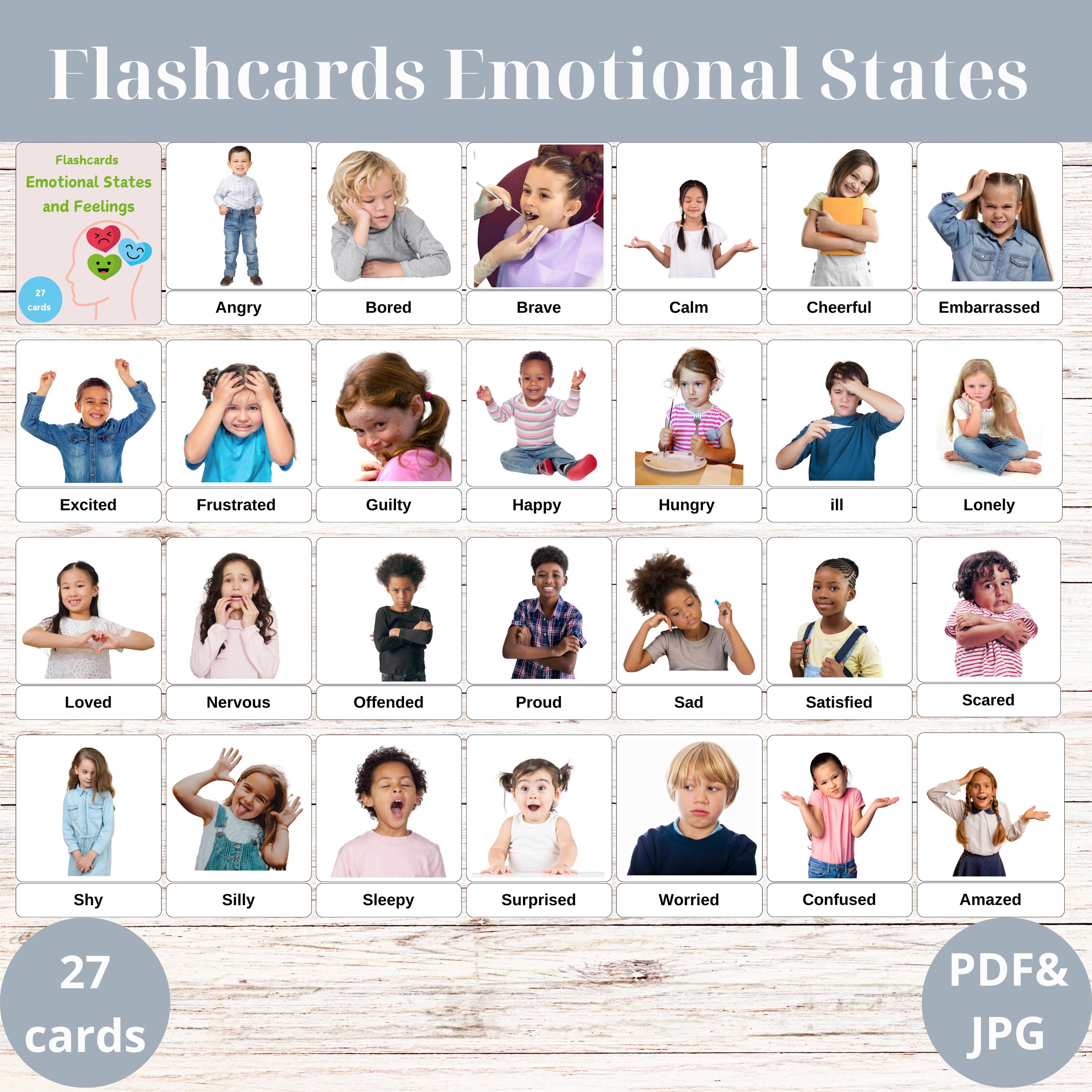 Emotion Flashcards for Kids Real Photo| Feelings Flash Cards | Social ...