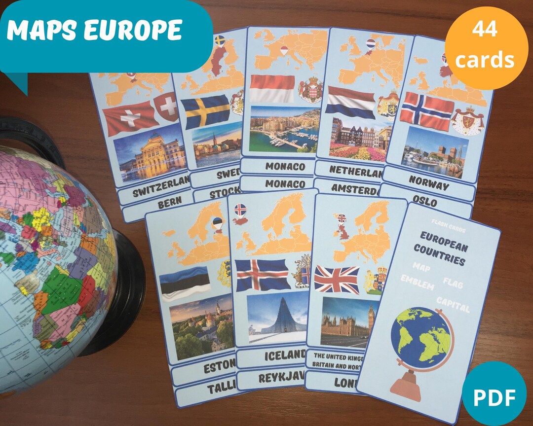 Europe Flashcards for Kids Montessori Educational Materials With Maps ...
