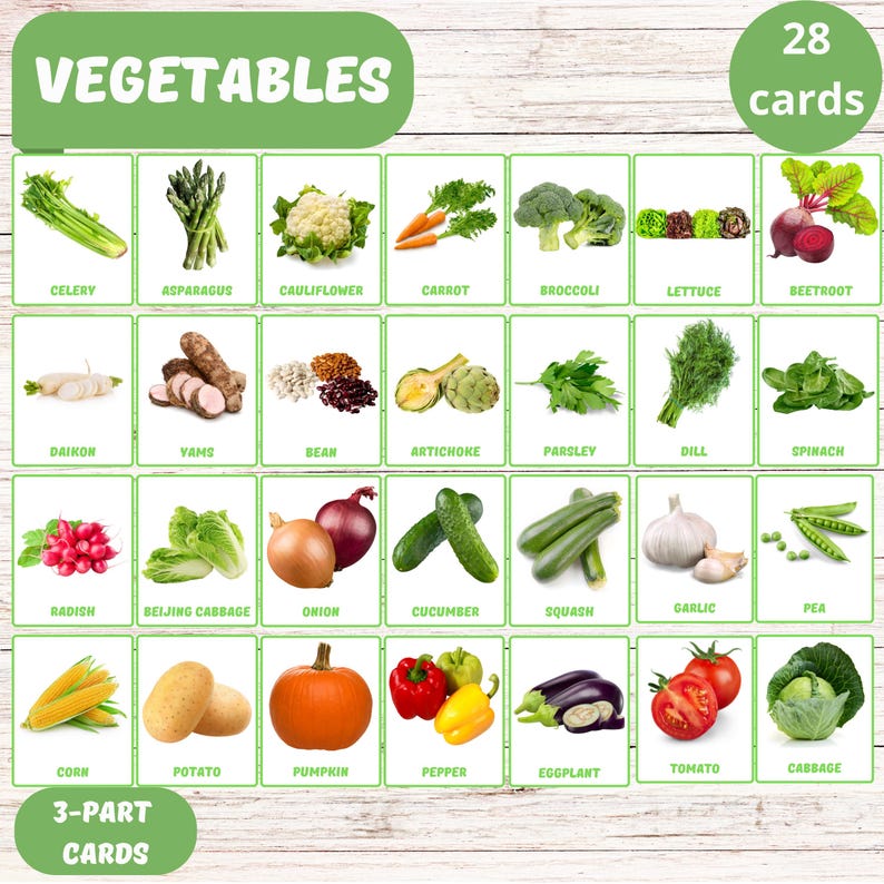 Vegetables Flashcards for Kids| Vegetables Flash Cards | Montessori ...