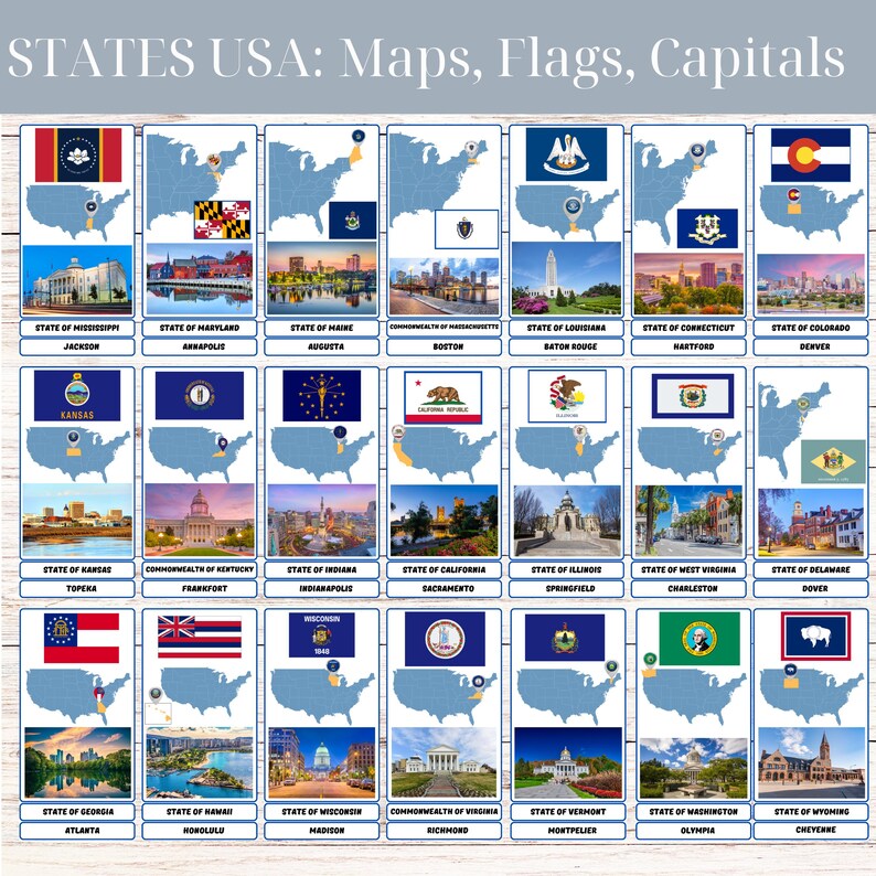 USA Flash Cards With Maps, Flags, Capitals | Fun Learning Tool for Kids ...