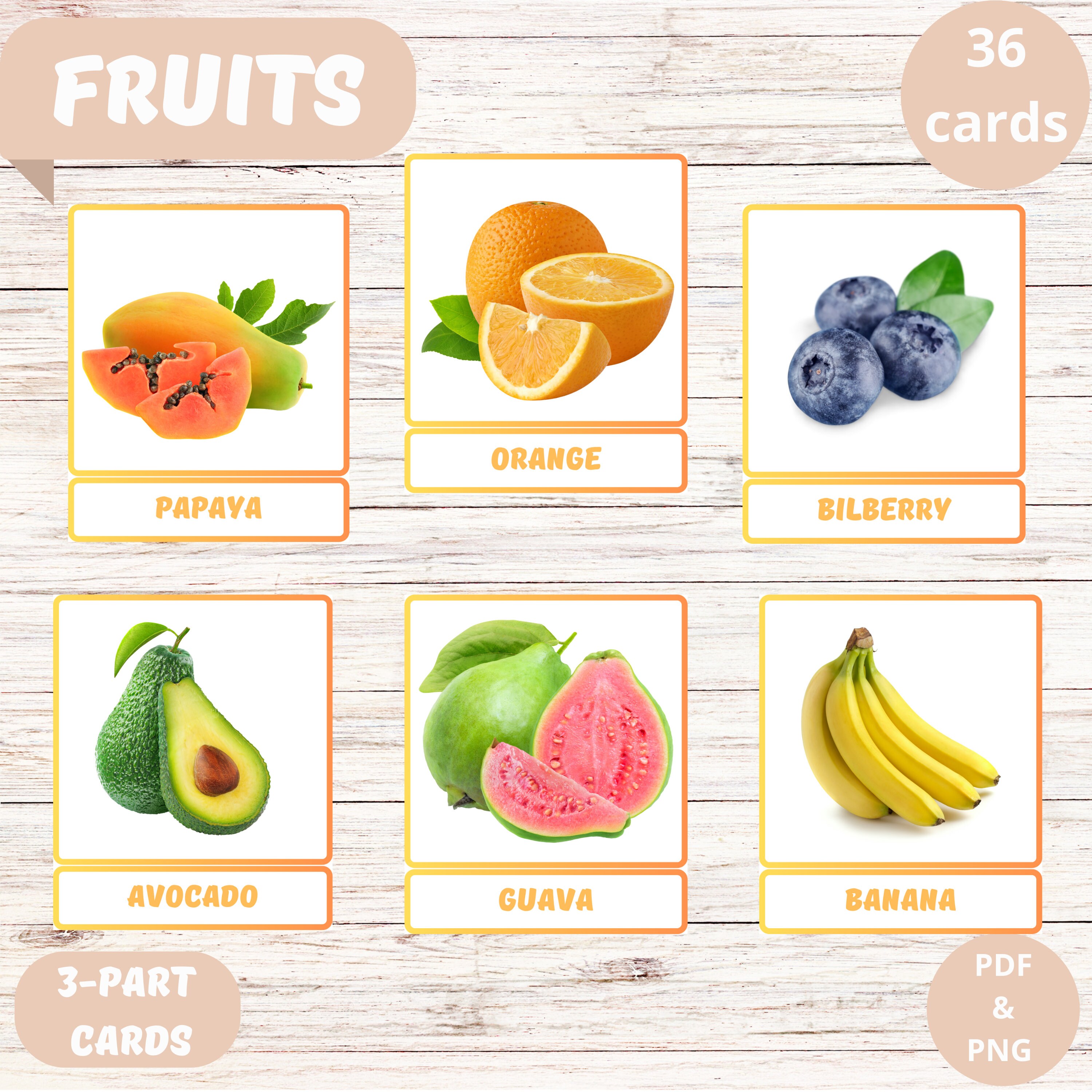Educational Fruits Flashcards for Kids| 36 Fruits Three-part Cards ...