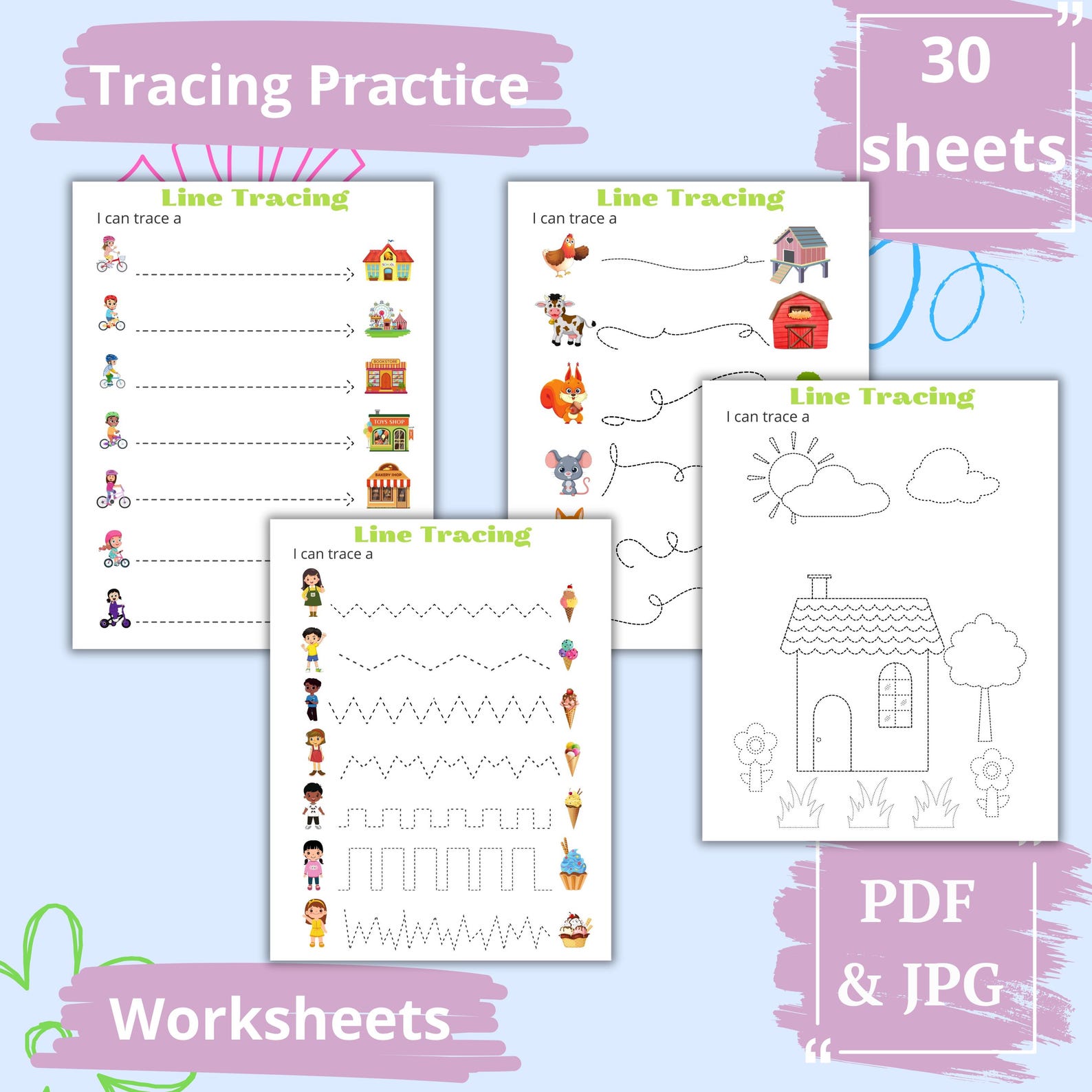 Line Tracing Worksheets: Pre-writing Practice (PDF & JPG) - Etsy