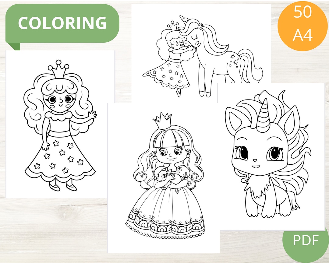 Coloring Book About Princesses and Unicorns. Coloring Pages for Kids ...